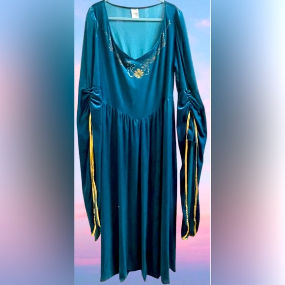 Spirit | Dresses | Renaissance Aqua Velvet Dress Gold Trim Halloween ...